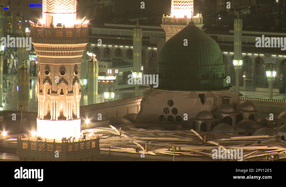 Medina, Saudi Arabia; View of Green dome above Prophet Muhammad's tomb ...
