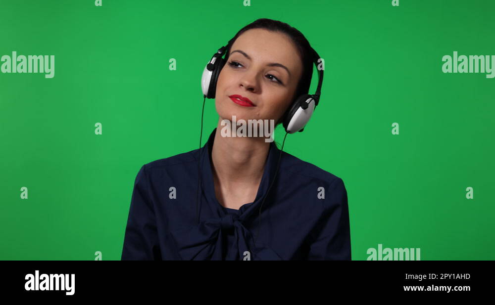 Happy Relaxed Ceo Woman Listening Music Using Headphones Green Screen ...