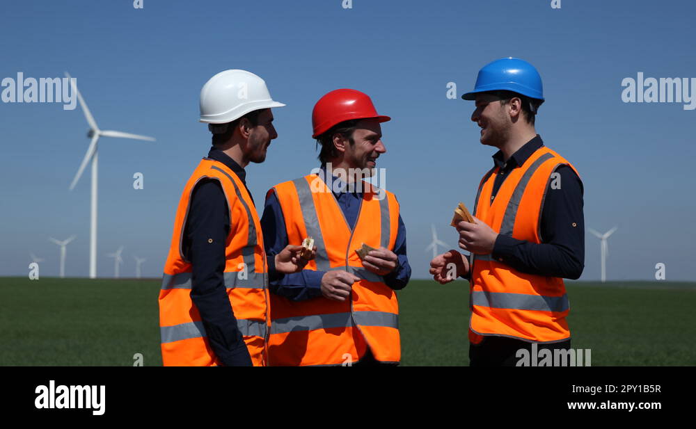 Engineers Men Talking Eating Tasteful Sandwich Lunch Break in Wind ...