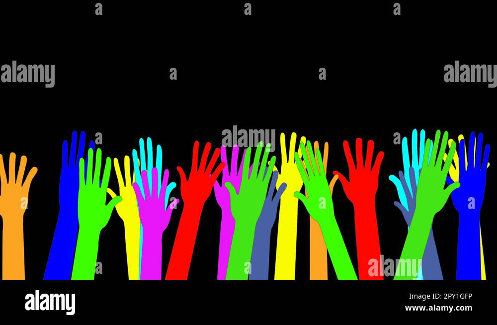 Sea of colorful waving raised hands. Animation. Concept of joy ...