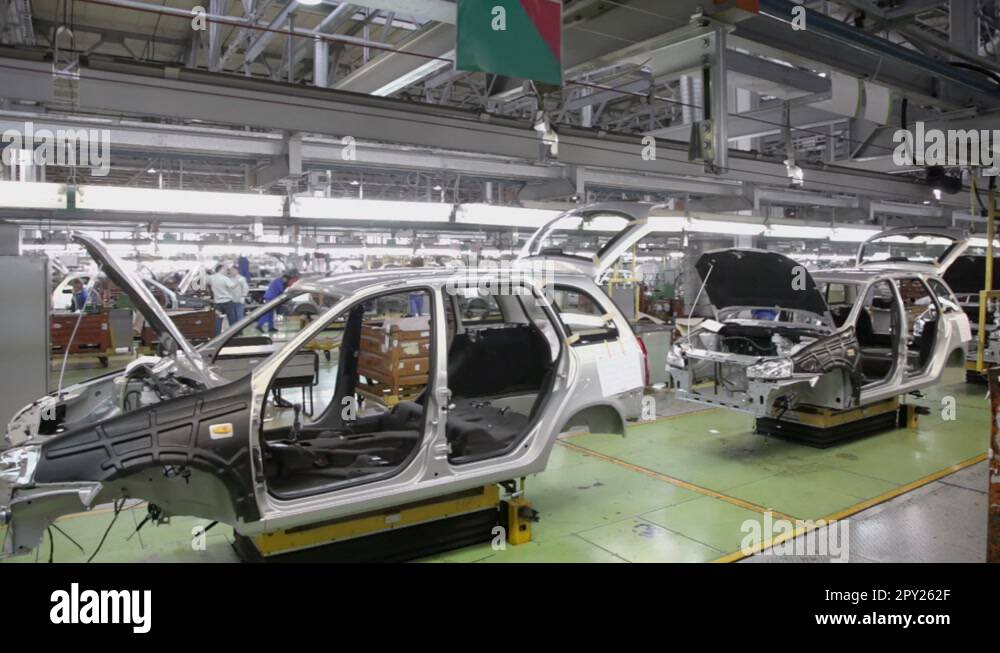 Bodies of new passenger cars on conveyor of AvtoVAZ factory Stock Video ...