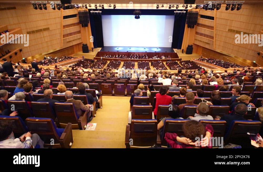 Auditorium and stage before show Judgment Day on Large hall Stock Video ...