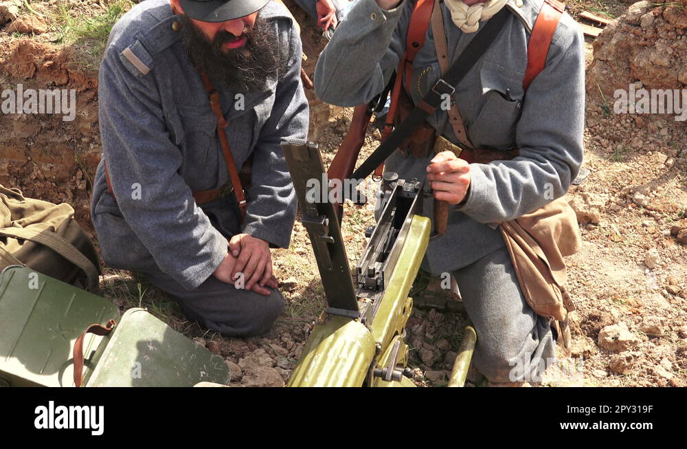 Soldiers inspect the gun before the fight. The first world war. WWI. 4K ...
