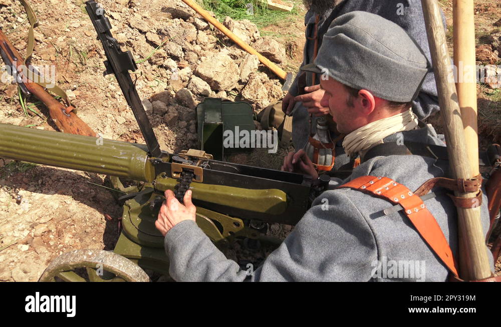 Soldiers inspect the gun before the fight. The first world war. WWI. 4K ...