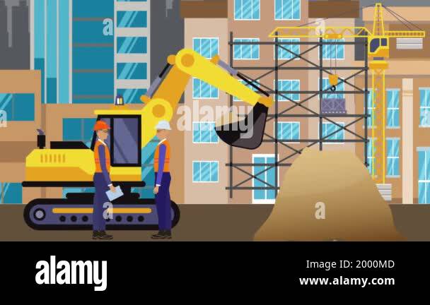 Construction site area, working on the edge of town with engineers and ...