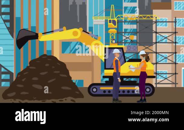 Construction site area, working on the edge of town with engineers and ...