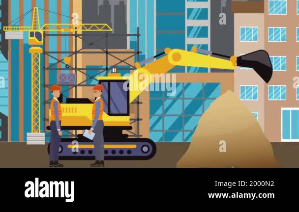 Construction site area, working on the edge of town with engineers and ...