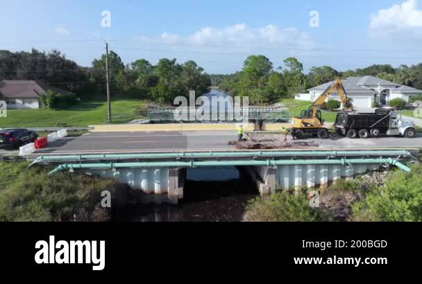 Destroyed bridge after hurricane flooding in Florida. Construction ...