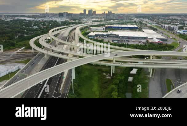 Massive highway intersection in American city area. Stacked elevated ...