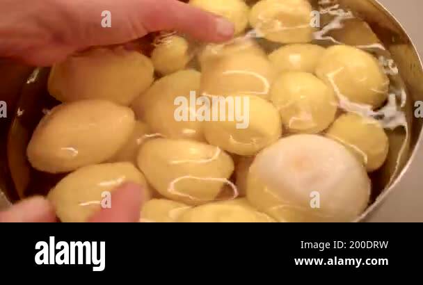 Freshly peeled and cleaned potatoes are now soaking in water, ready for ...