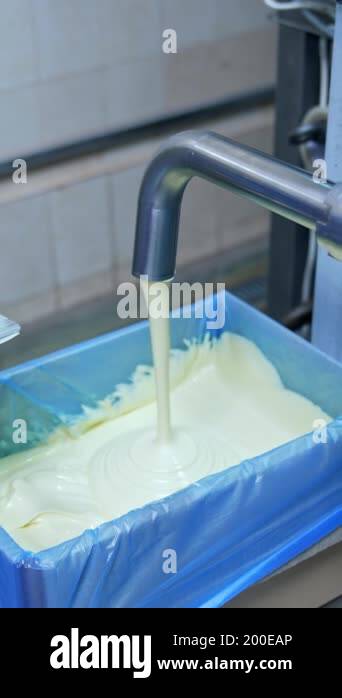 Liquid butter is pouring from the pipe into the container. Factory for ...