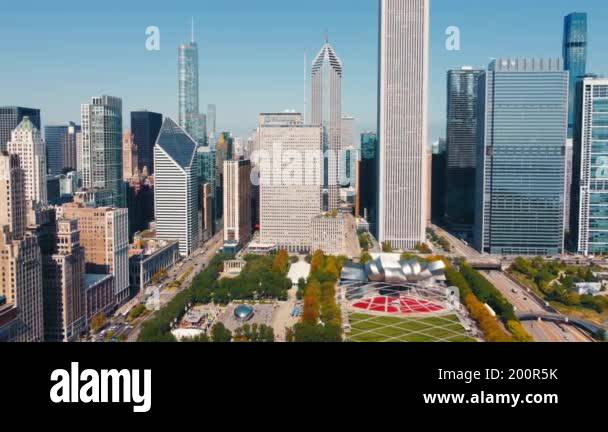 Downtown Chicago skyline with Millennium Park landmarks. Aerial view of Chicagos downtown ...