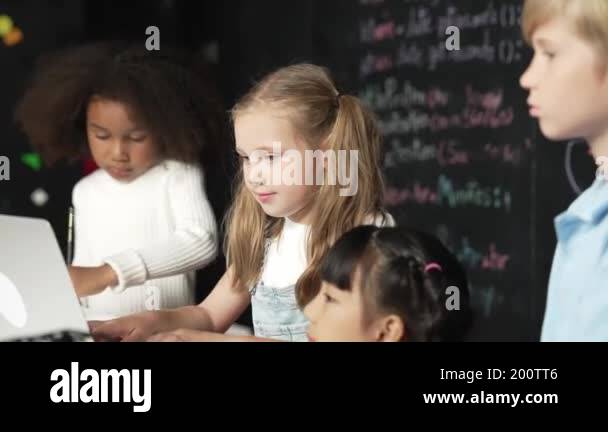 Smart caucasian girl using laptop programing engineering code and ...