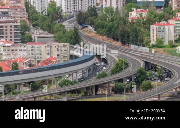 Aerial top view of highway multilevel junction road in urban populated ...