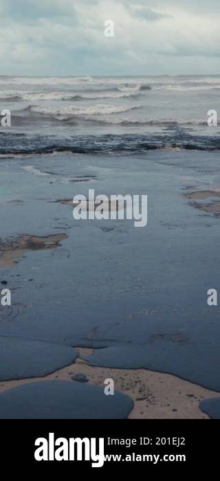 Oil in ocean coastline after a tanker wreck. Oil fuel polluted and ...