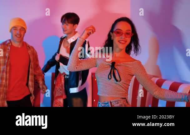 Hispanic dancer perform movement while diverse friend standing and ...