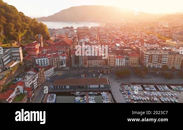 Aerial view of San Sebastian cityscape at sunrise in the Basque Country ...
