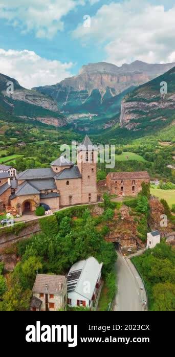 Aerial view of the Torla-Ordesa village and Ordesa-Monte Perdido ...