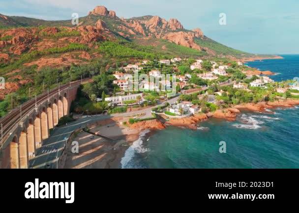 Aerial view of the village of Antheor with its historic railway bridge ...