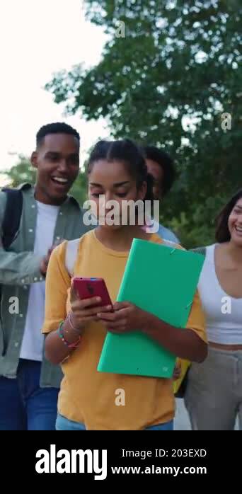 Vertical HD video. Young beautiful woman meeting classmate friends ...