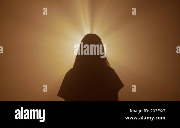 Hand gestures and signs. Woman silhouette walking forward and turning ...