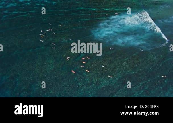 Surfers in clear transparent ocean waiting waves. Aerial view with ...