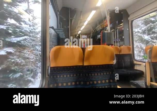 poprad, Slovakia - December 16, 2024: . View from inside the carrriage ...