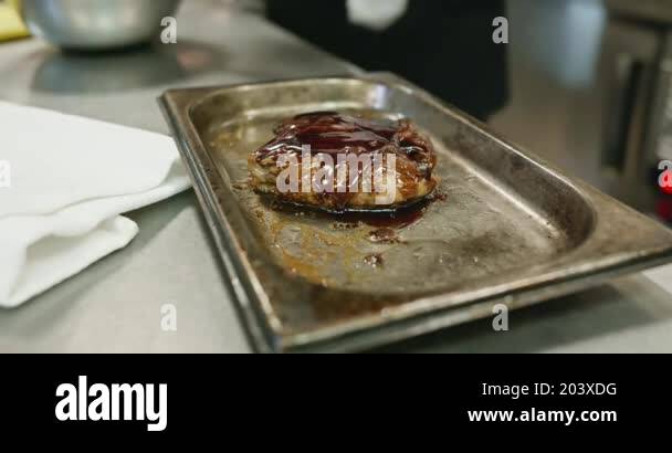 Process of Preparation of Meat Dishes by Chef Cook at Restaurant ...