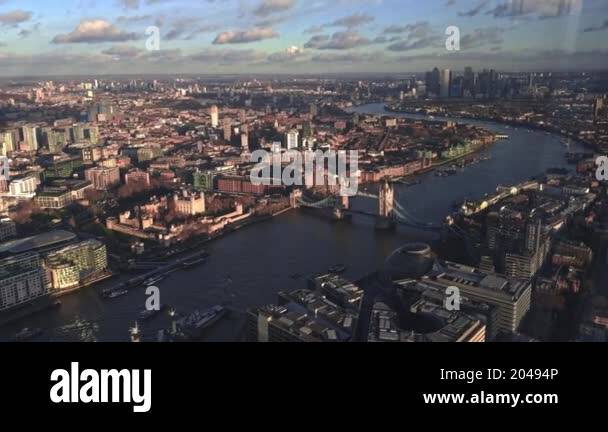 Aerial view of London's Tower of London and Tower Bridge along the ...