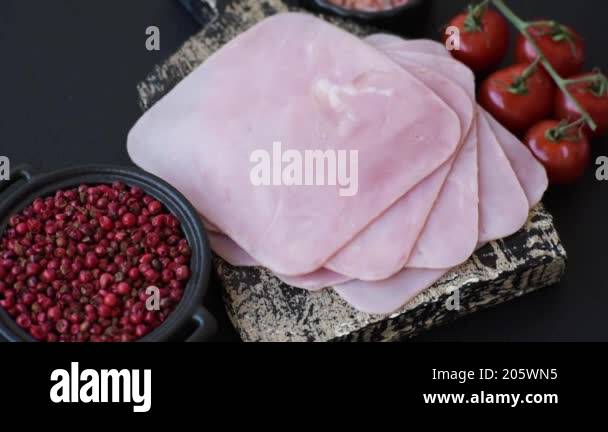 Ham cut into square slices for making delicious nutritious sandwiches ...