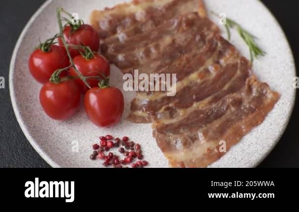 Crispy fried pork bacon sliced with salt Stock Videos & Footage - HD ...