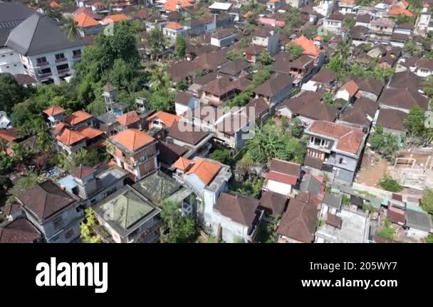 Aerial view of traditional buildings in the city center of Ubud, Bali ...