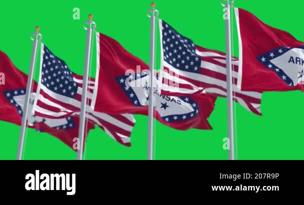 Arkansas state flags waving with the American flags isolated on green ...