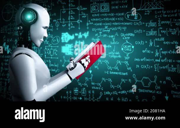 3D rendering of robot hominoid reading book and solving math data ...