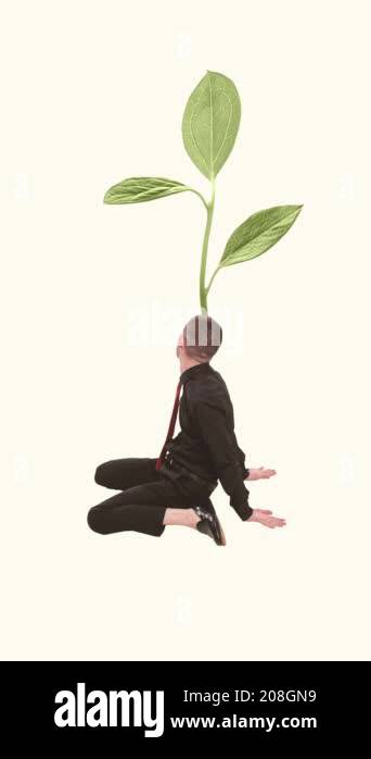 Young man sitting with flower growing from head, symbolizing personal ...