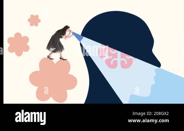 Stop motion, animation. Woman peering into head with spotlight on brain ...