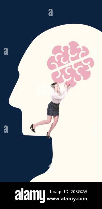 Woman struggling to carry brain, standing inside male head silhouette ...