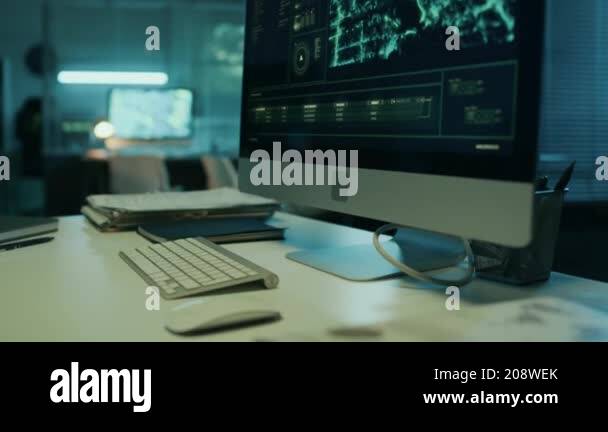 Close-up shot of computer screen at military command or intelligence ...