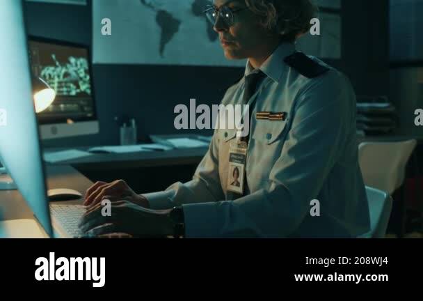 Medium closeup tilt shot of Caucasian female military officer in ...