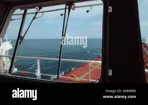 Deck of an oil tanker at sea. Transportation of diesel and oil across ...