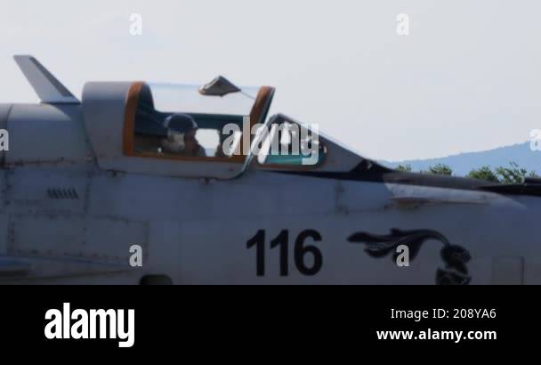 Zagreb Croatia May 11 2024: Close-up of a military pilot in the cockpit ...