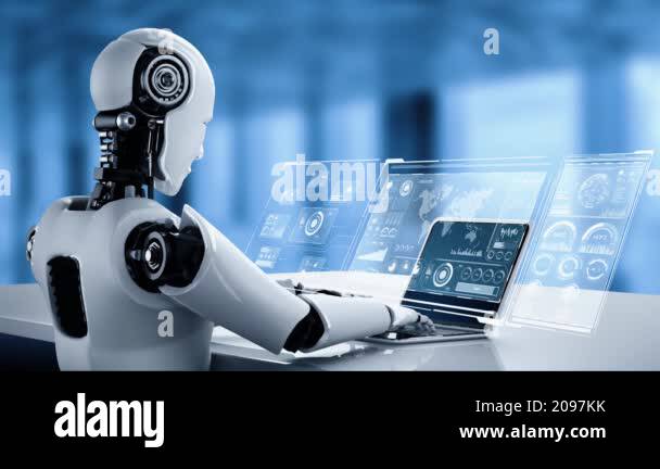 Robot hominoid use laptop and sit at table for big data analytic using ...