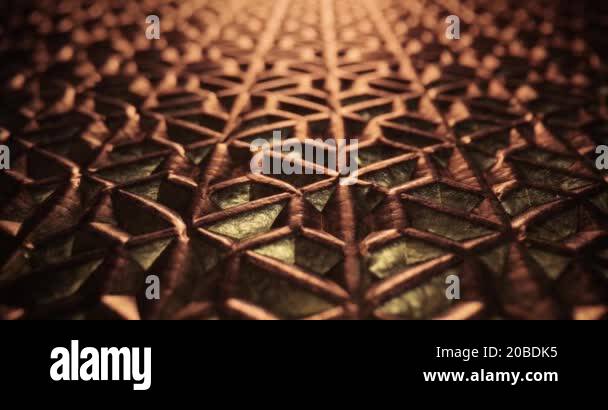 Futuristic metal grid platform reflecting light, camera motion, bumpy ...