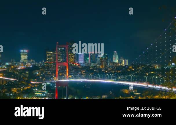 Istanbul at night. Bosphorus Bridge and cityscape of Istanbul time ...