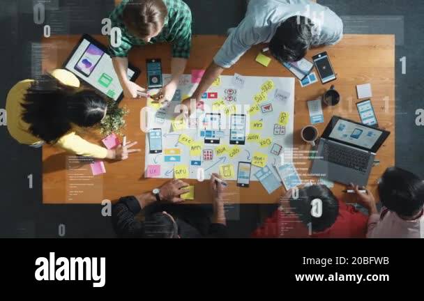 Top down view of software developer using mind map brainstorm about ...