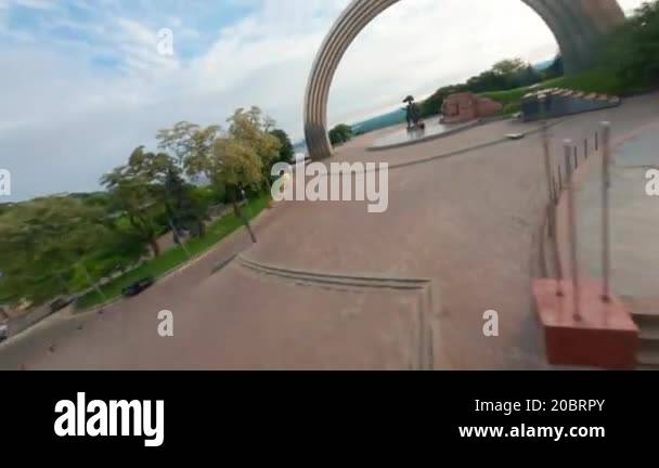 KIEV, Ukraine - April 19, 2021: FPV drone , Reunion Arch, Kyiv: Peoples ...