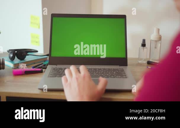 Hands man typing on laptop with green screen work from home internet ...