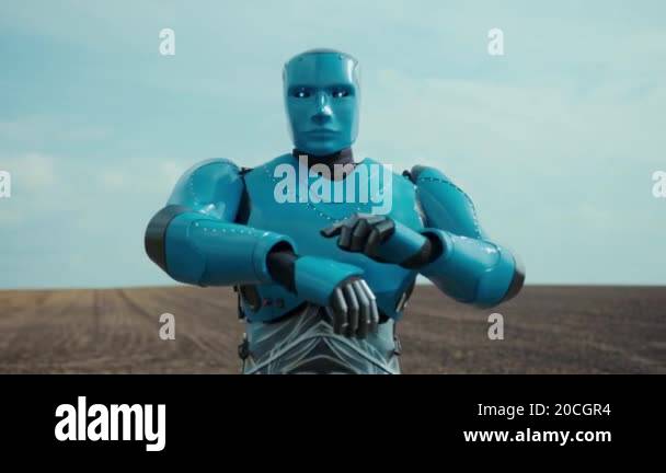 Futuristic cyber droid scanning the rural field using holographic ...