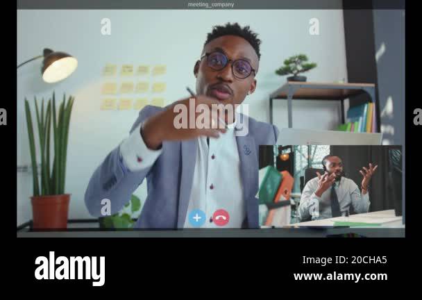 Shot of screen african american businessman making conference video ...