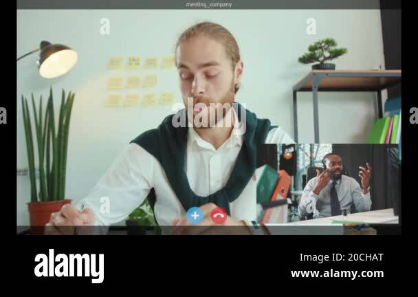 Screen shot of businessman making conference video call meeting with ...